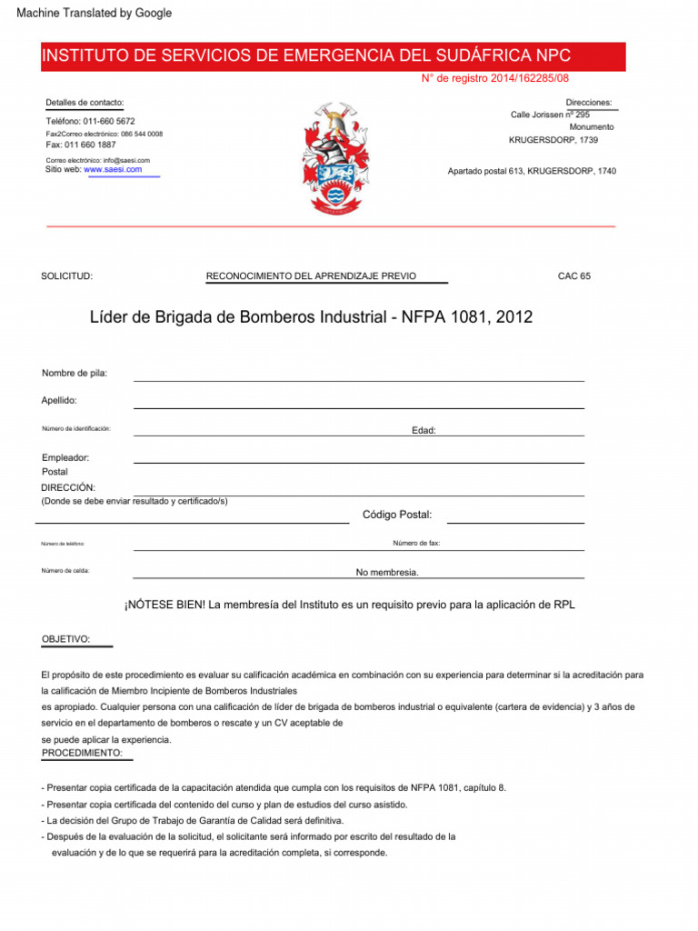 NFPA 1081 - Industrial Fire Brigade Leader - RPL Form | PDF | Bombero