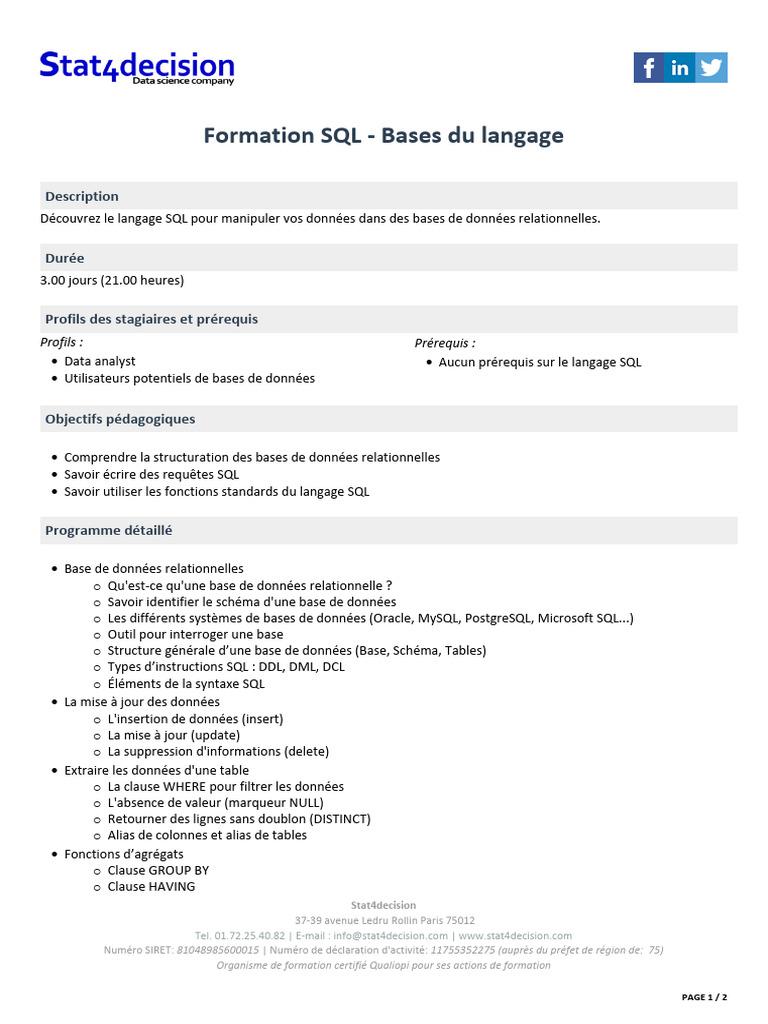 Programme Formation SQL Bases Du Langage | PDF | SQL | Programmation informatique