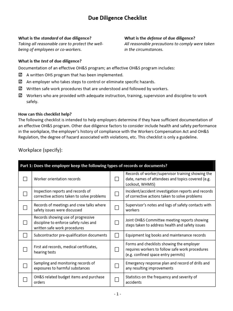 Oh S Duediligence Checklist | PDF | Occupational Safety And Health | Safety