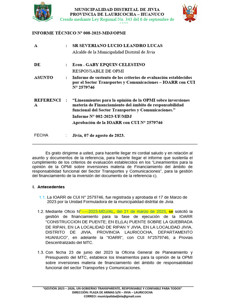 INFORME #008-2023-MDJ Sustento de Los Criterios de Evaluación | PDF | Economias