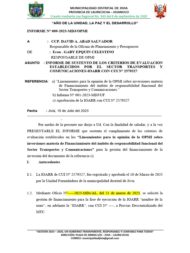 Informe N°oo9-2023-Mdj Puente Yuncash y Puente Greda-Ragra | PDF | Gobierno | Economias