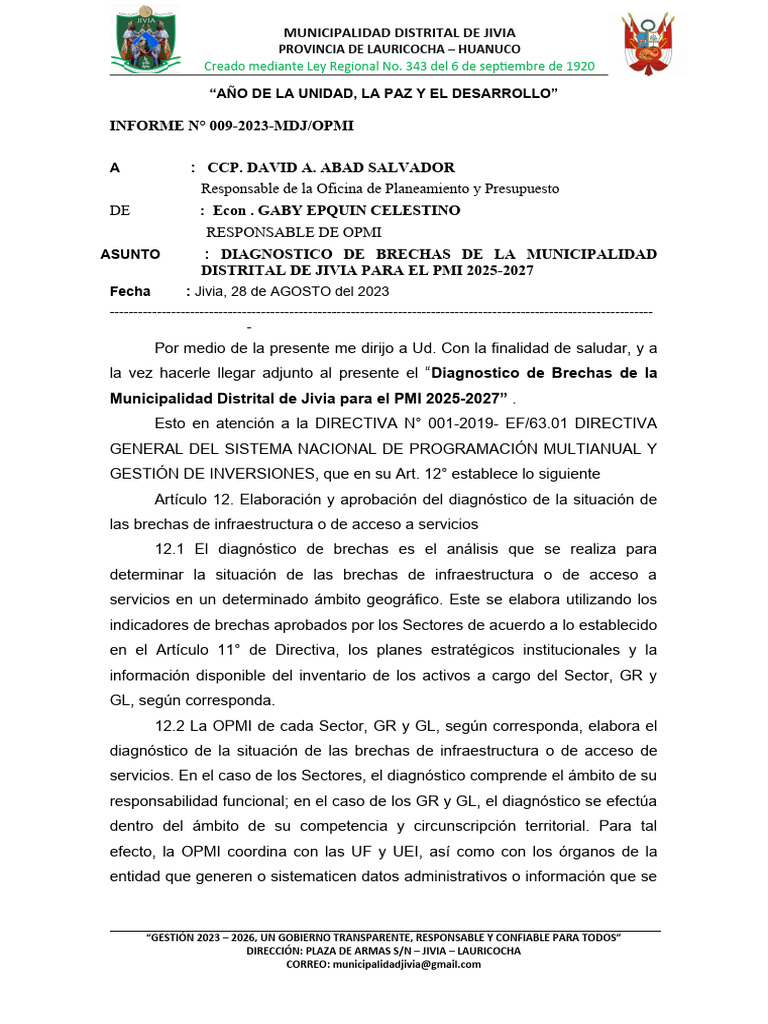 Informe N°o11-2023-Mdj Diagnostico de Brechas de La Municipalidad | PDF | Agricultura | Turismo