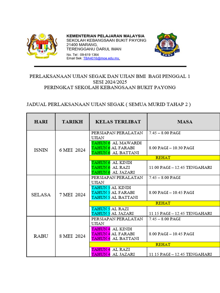 Jadual Ujian Segak dan BMI 2024/2025 | PDF