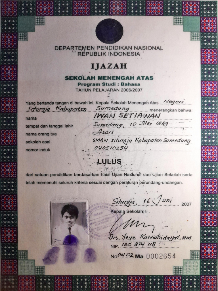 Ijasah Daftar Nilai SMA Iwan S | PDF