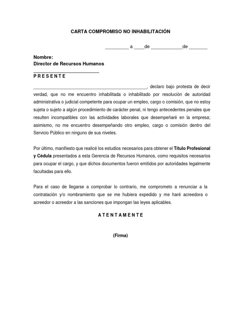 Carta Compromiso No Inhabilitación | PDF