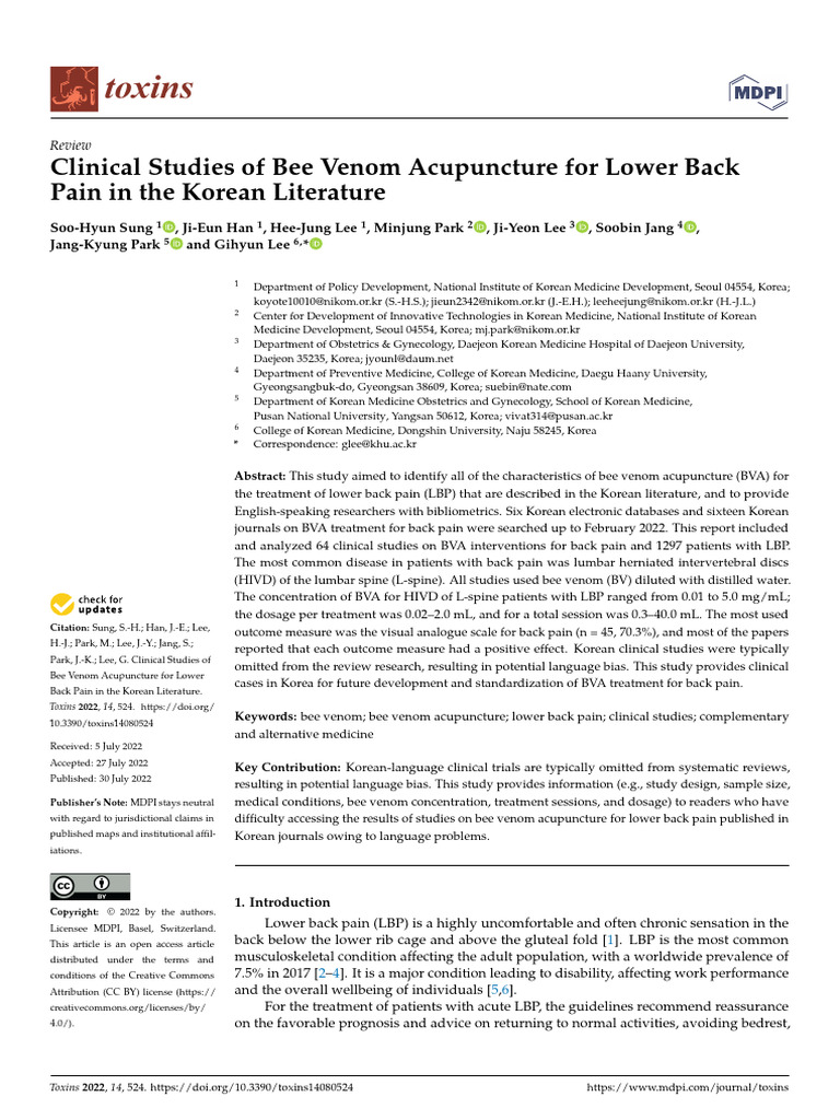 Sung 2022. Clinical studies of bee venom acupuncture for lower back ...