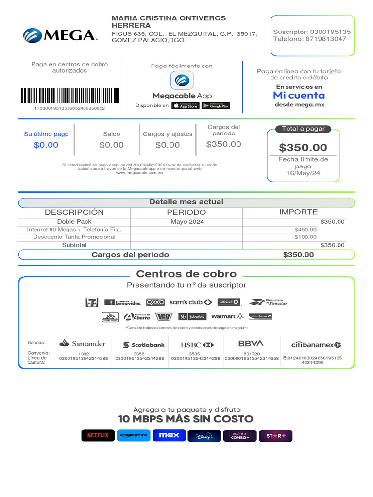 Recibo de Pago Megacable - Mayo 2024 | PDF