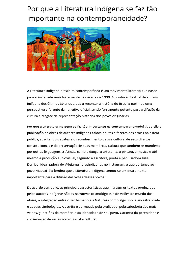 Importância da Literatura Indígena Hoje | PDF | Povos indígenas | Brasil