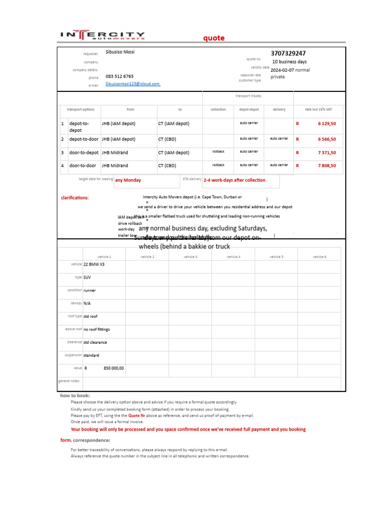 Vehicle Transport Quotation Details | PDF | Trailer (Vehicle) | Vehicles