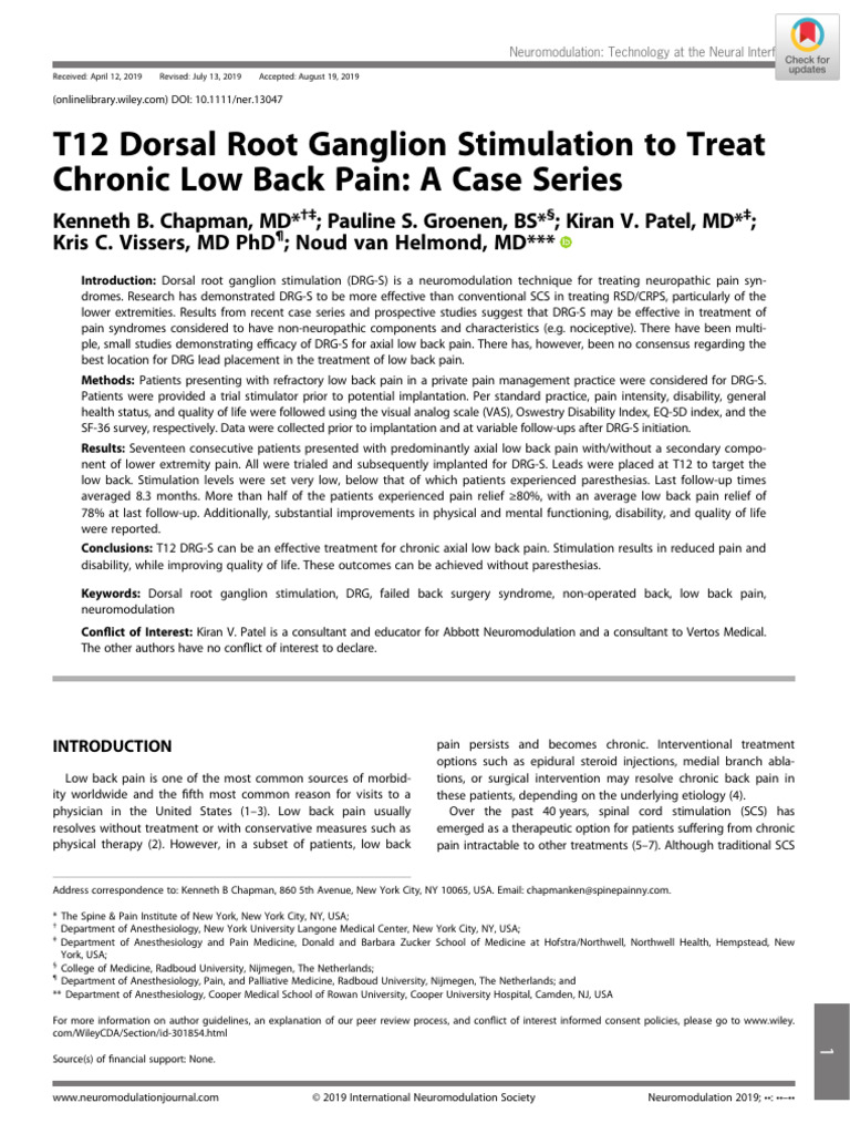 T12 Dorsal Root Ganglion Stimulation To Treat Chronic Low Back Pain - A ...