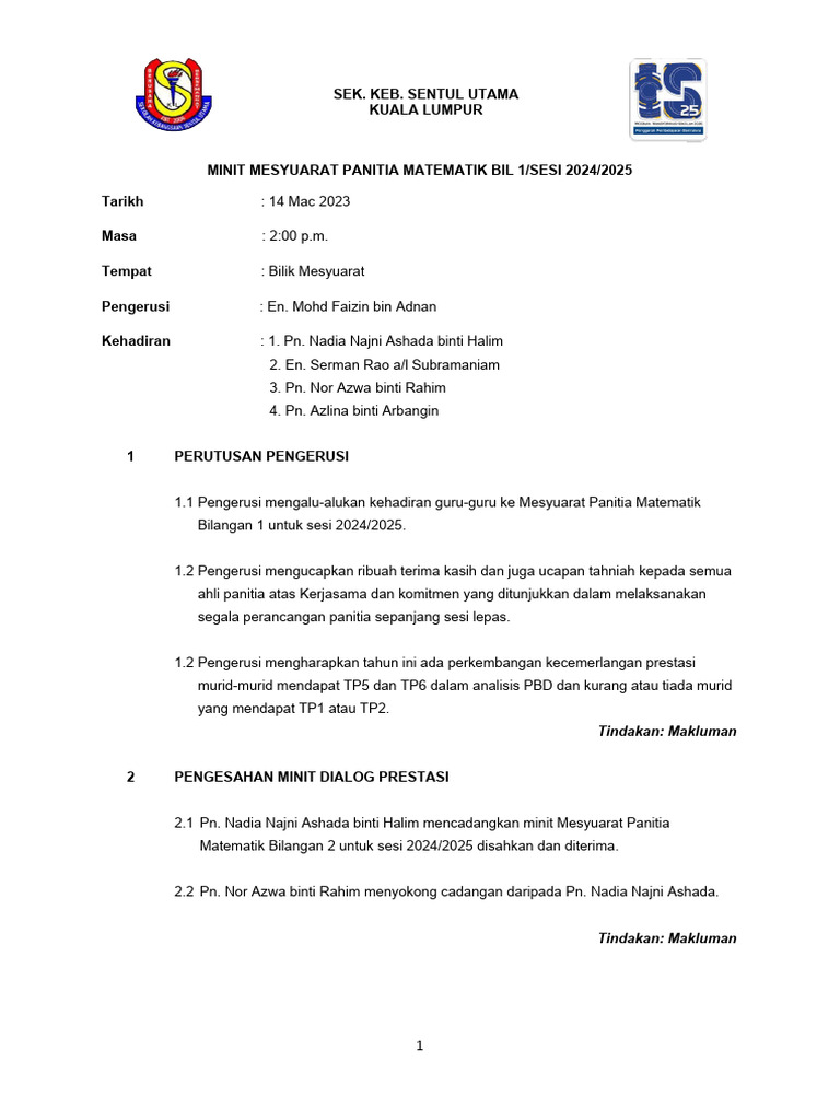 Minit Mesyuarat Panitia Matematik Bil 1 2024 | PDF