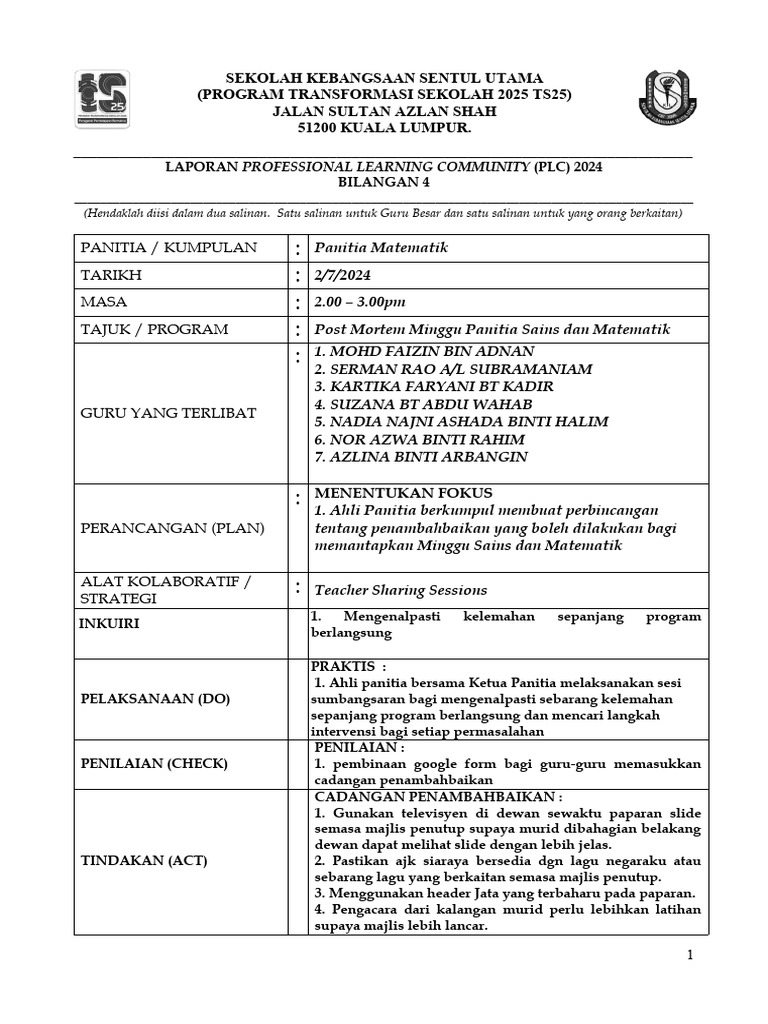 PLC Post Mortem Mggu Sains Math | PDF