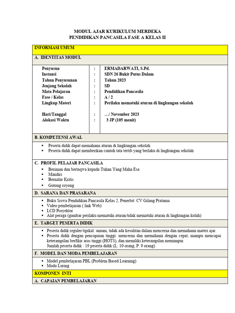 Modul Ajar Pedd Pancasila Siklus 2 | PDF
