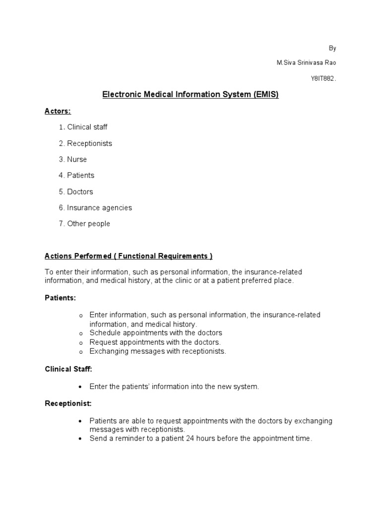 Electronic Medical Information System (EMIS) : Actors | PDF | Medical ...