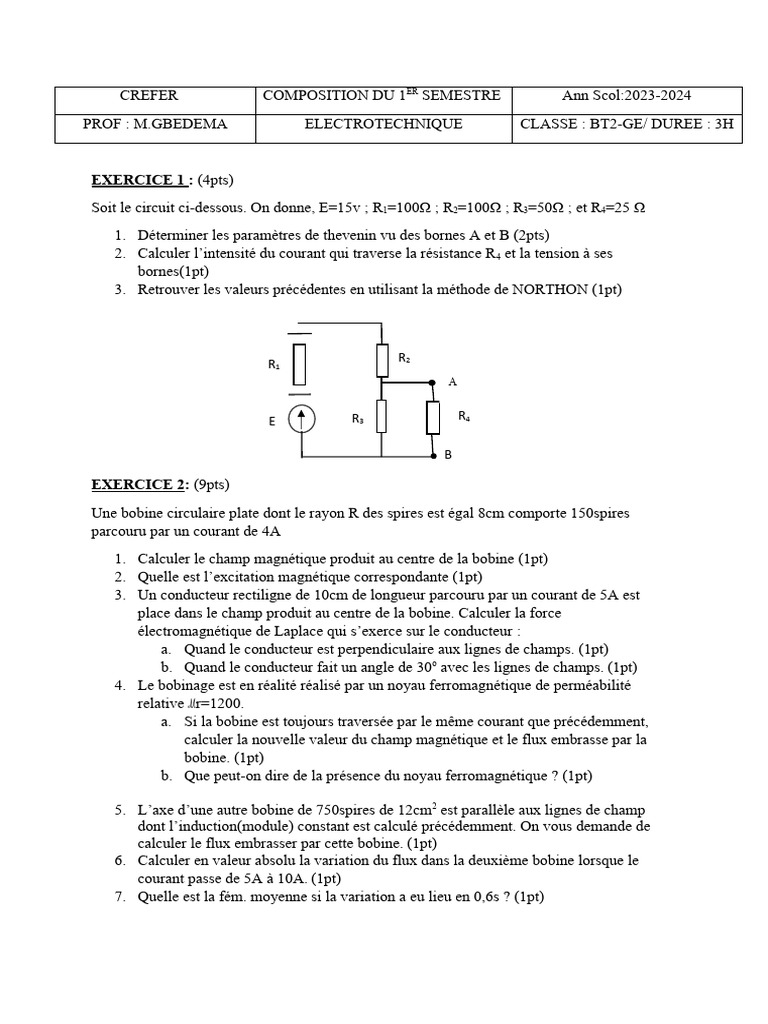 Exercice d'Électrotechnique BT2 | PDF | Inducteur | Champ magnétique