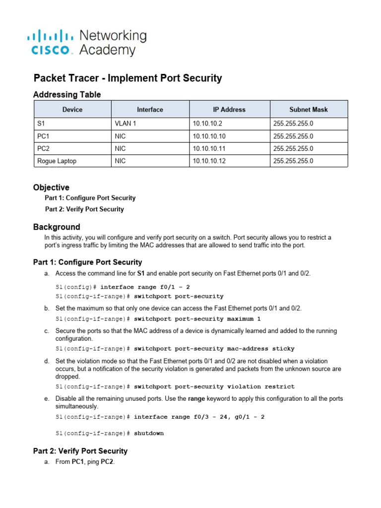 11 1 10 Packet Tracer Implement Port Security Es Xl Download Free Pdf Network Interface