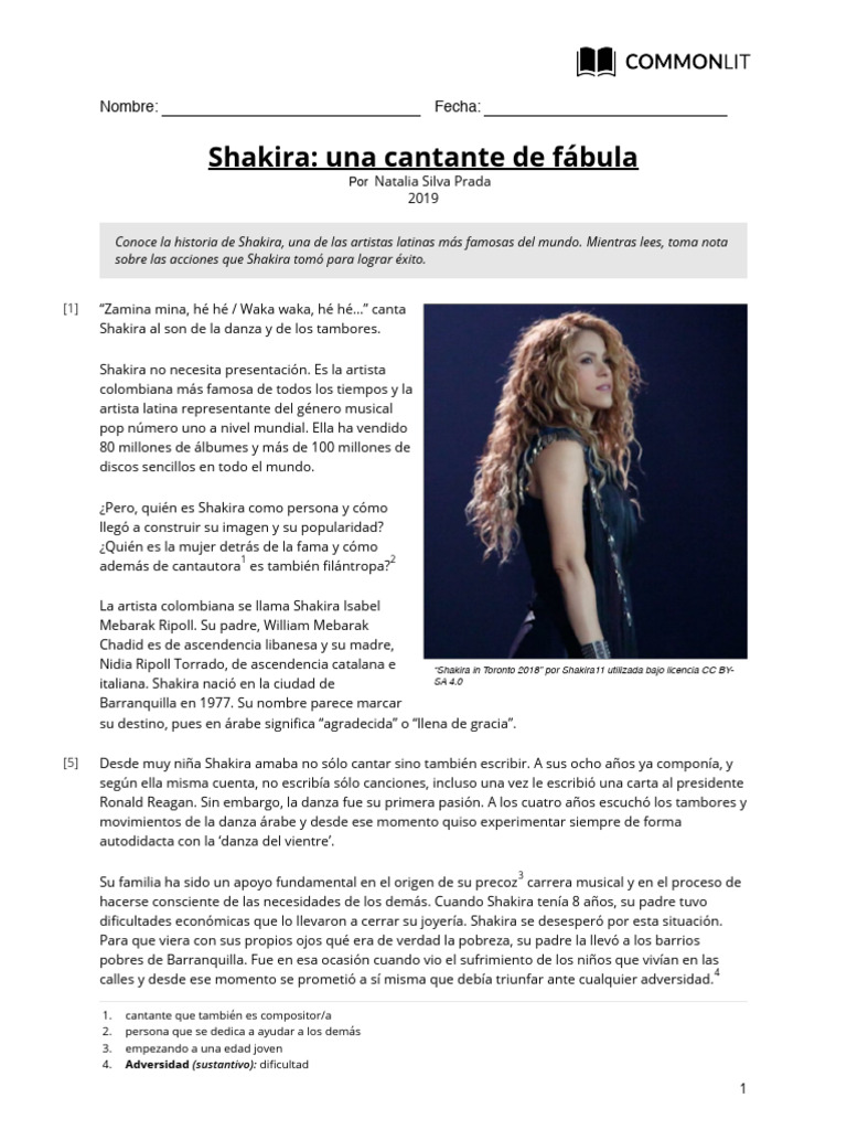 Commonlit Shakira Una Cantante de Fabula Student ES | PDF