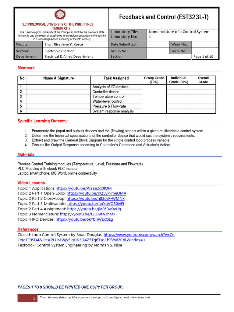 Feedback & Control Laboratory1 Nomenclature of A Control System | PDF | Control System | Control ...