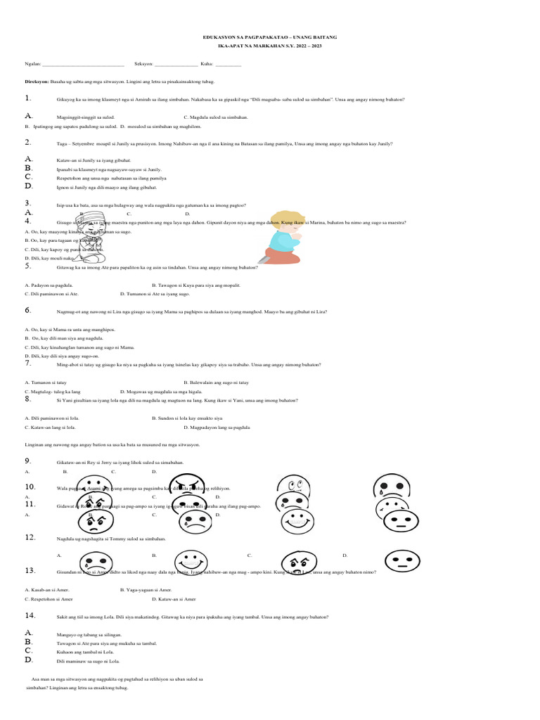 ESP Grade 1 Test Questions | PDF