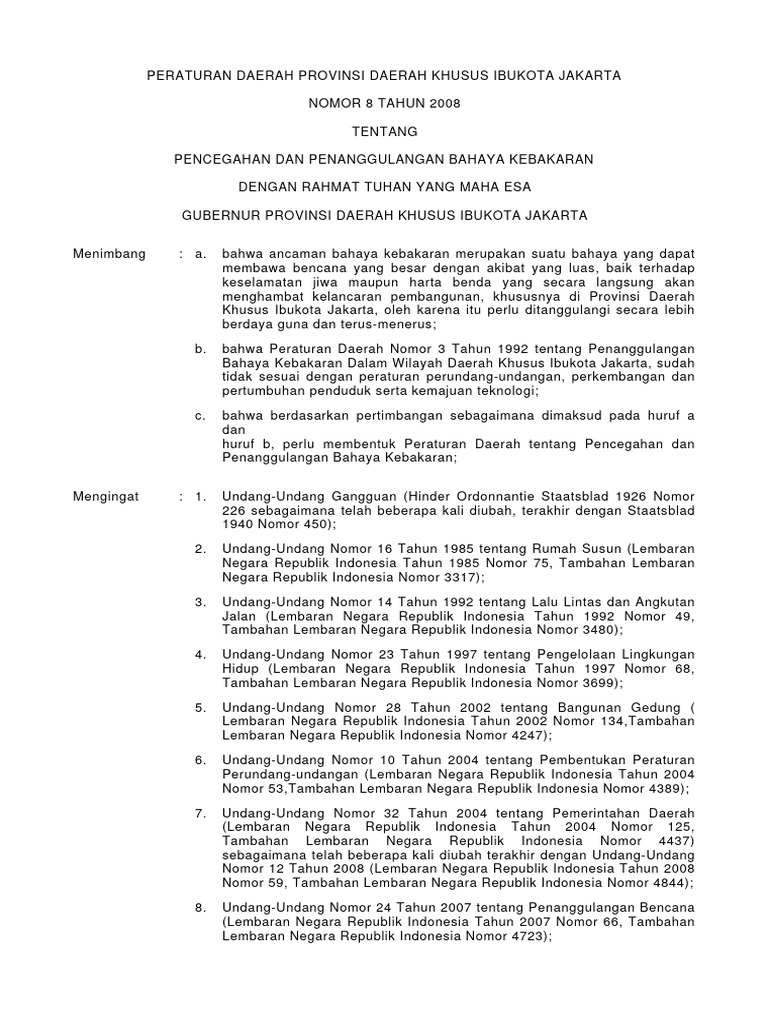 PERDA NO.8 TH 2008 (DKI JKT) TTG Pencegahan Dan Penanggulangan Bahaya Kebakaran | PDF