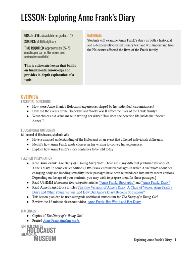 Anne Frank Diary Lesson Plan for Grades 7-12 | PDF | Anne Frank | Nazi ...