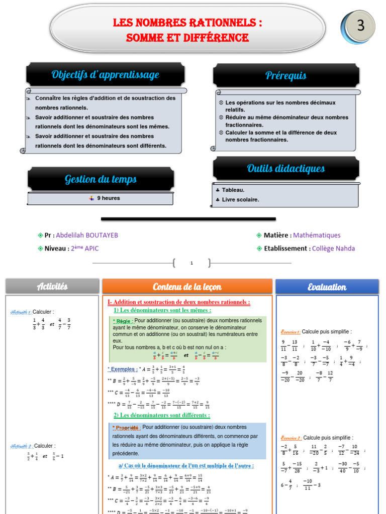 Somme et différence des rationnels | PDF | Division | Notation ...
