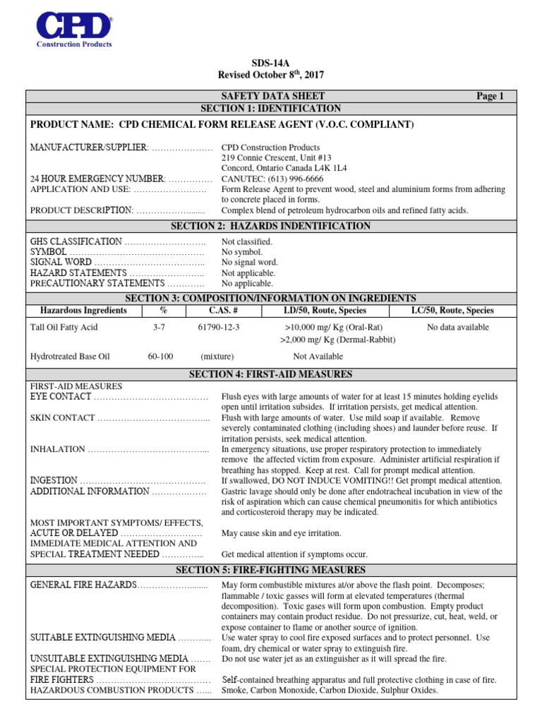 Chemical Form Release Agent VOC Compliant SDS 2018 | PDF | Safety ...