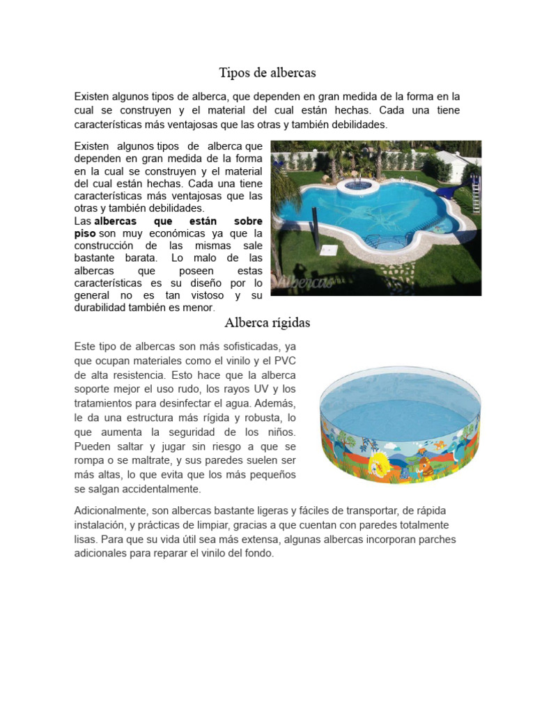 Tipos de Albercas y su Instalación | PDF | Agua | Tubería (transporte ...