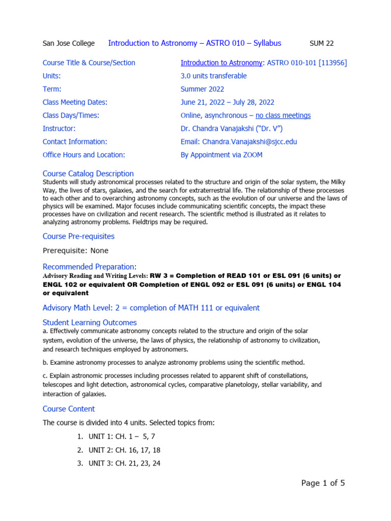 ASTRO 010 101 113596 Syllabus SUM 22 | PDF | Astronomy | Academic ...
