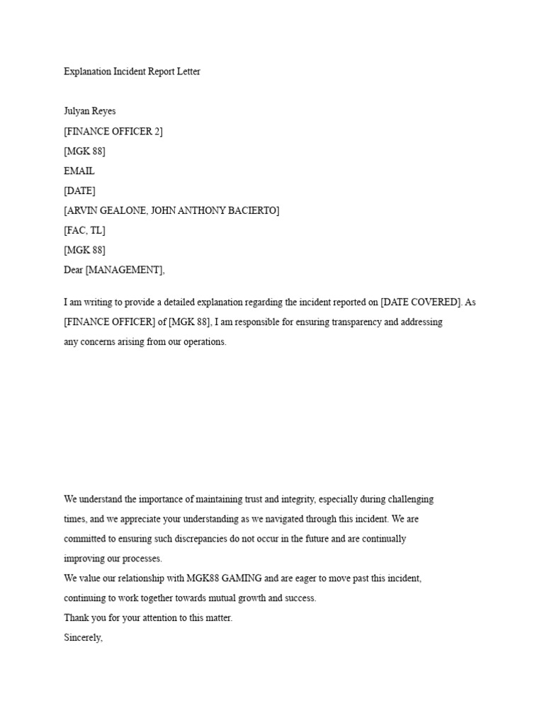 Incident Report Explanation Letter | PDF | Business | Finance & Money ...
