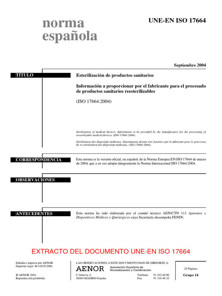 (Ex) Une-En Iso 17664 2004 | PDF | Dispositivo médico