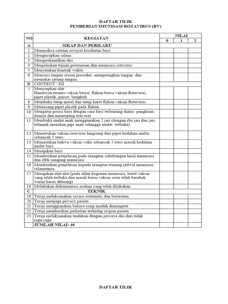 Daftar Tilik Imunisasi Rotavirus | PDF | Sains & Matematika
