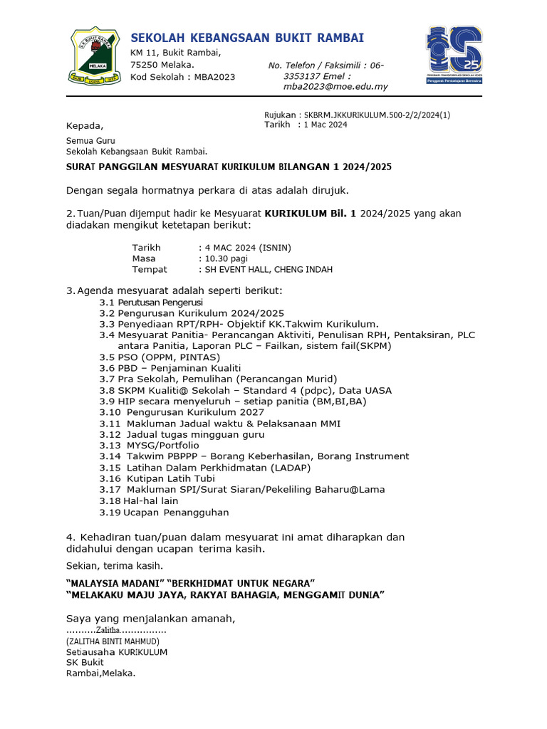 CONTOH Agenda Mesyuarat Kurikulum Kali Ke 1 (2024) | PDF