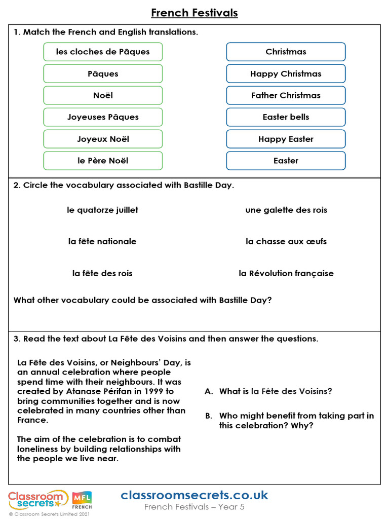 Year 5 French French Festivals Main Activity | PDF | Liturgical ...