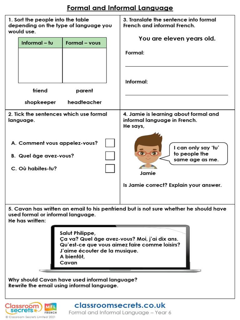 Year 6 French Formal and Informal Language Main Activity | PDF ...