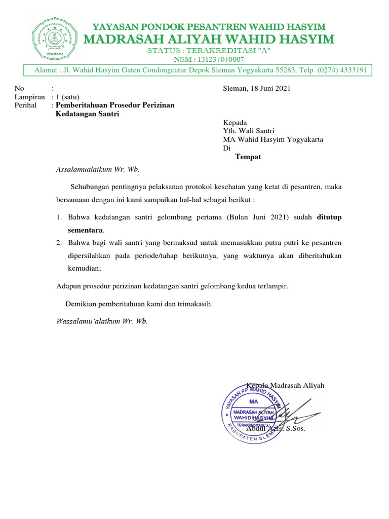 Pemberitahuan Prosedur Perizinan Kedatangan Santri | PDF