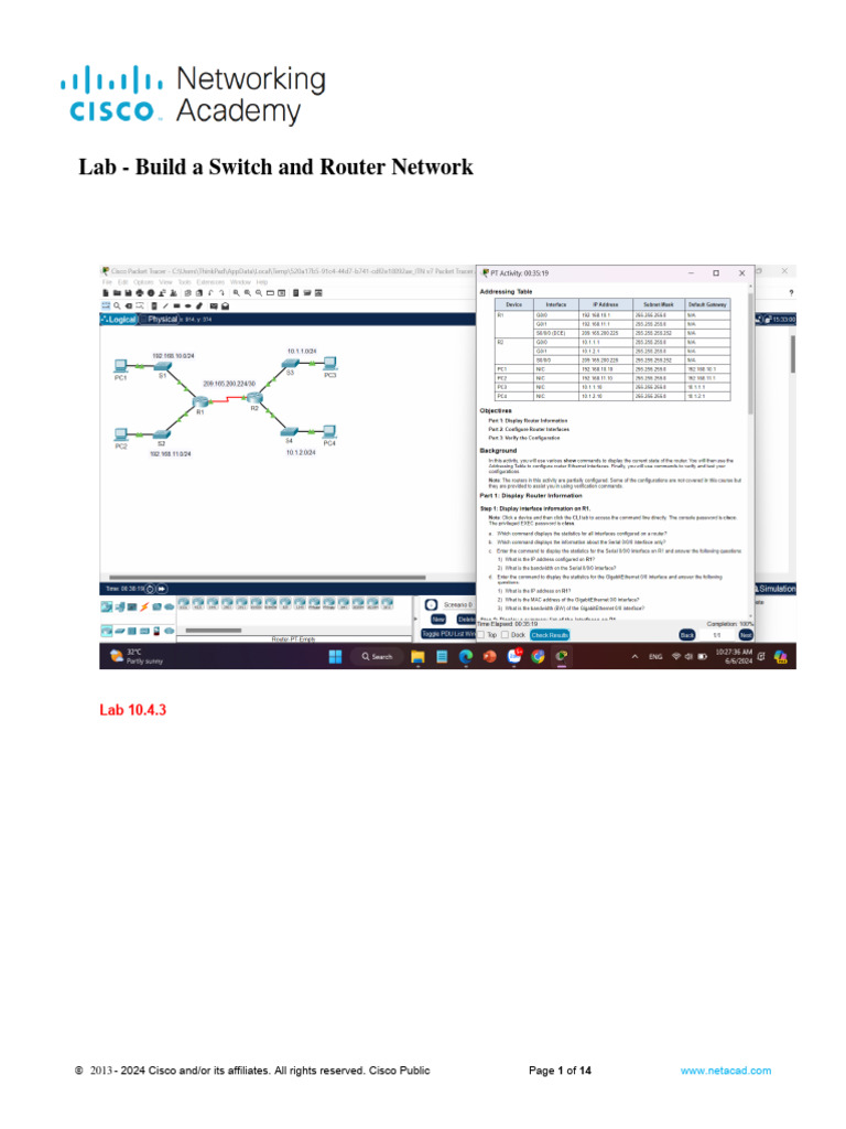 NWC 10.4.4 Lab - Build A Switch and Router Network | PDF | Ip Address | Router (Computing)