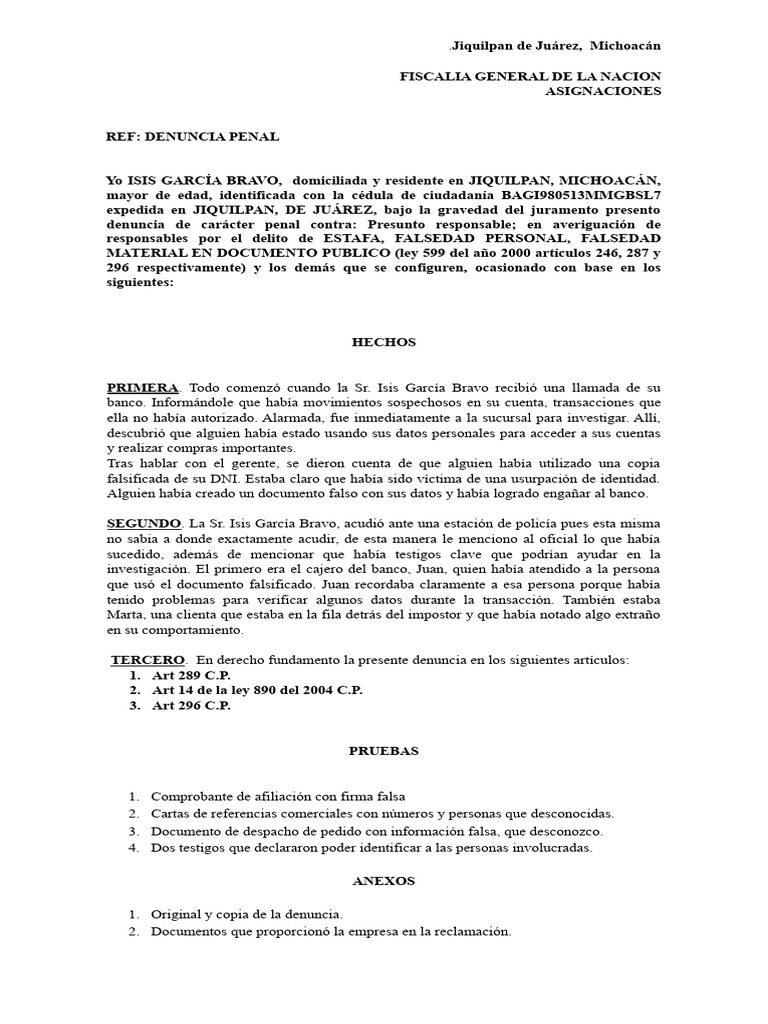 Ejemplo de Denuncia Penal por Estafa | PDF | Documento de identidad ...