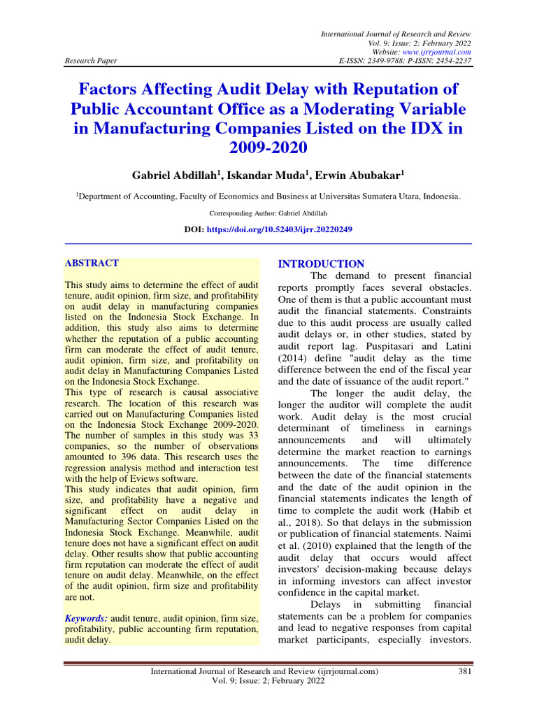 Factors Affecting Audit Delay With Reput | PDF | Audit | Regression Analysis