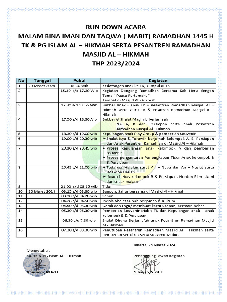 Run Down Acara Mabit Ramadhan 1445 H | PDF