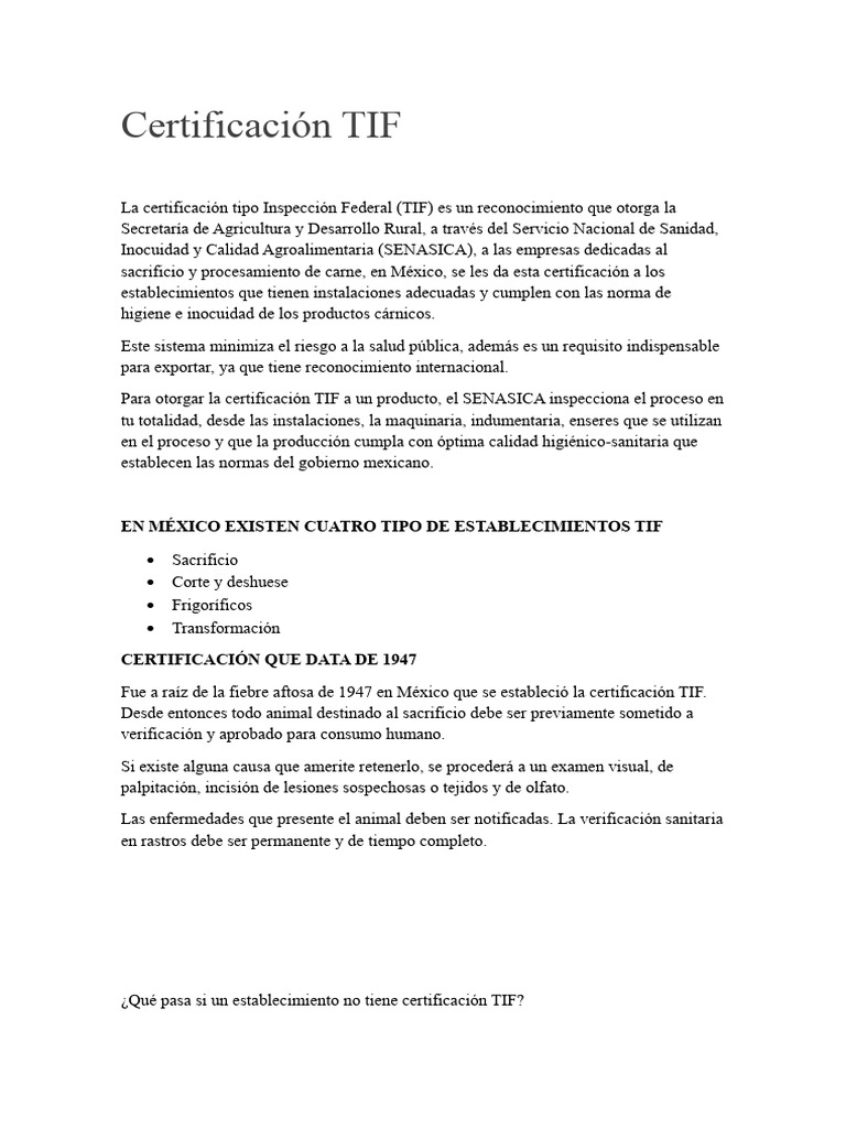 Certificación TIF: en México Existen Cuatro Tipo de Establecimientos Tif | PDF | Carne | Agricultura
