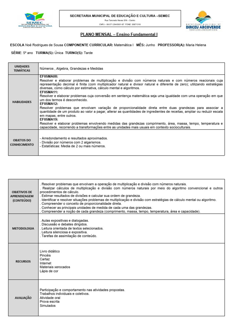 GRADE PLANO MENSAL - Ensino Fundamental | PDF | Algoritmos | Cálculo