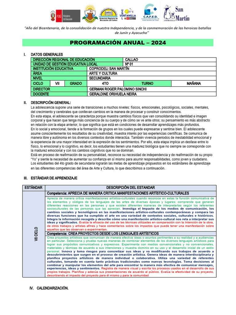 Programación Anual 2024 - 4to Secundaria | PDF | Aprendizaje | Dibujo