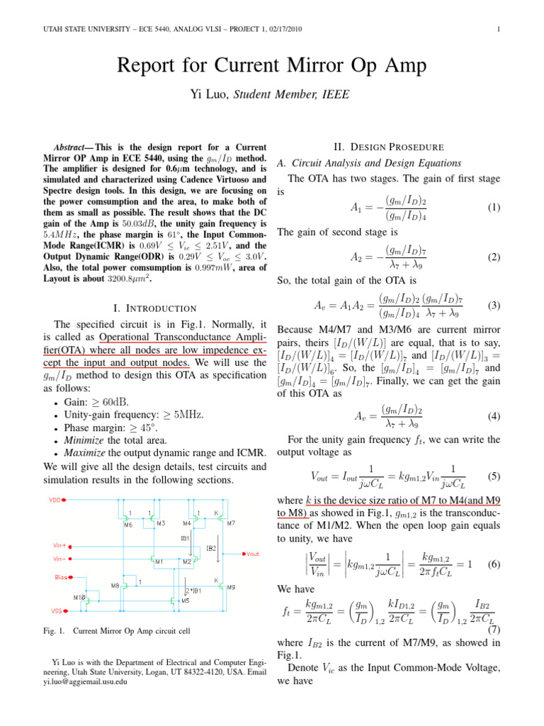 Report For Current Mirror OPAMP | PDF | Operational Amplifier | Amplifier