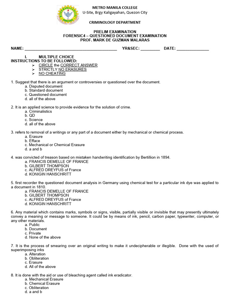 Prelim Examination Forensic4 MMC | PDF | Forensic Science | Ink