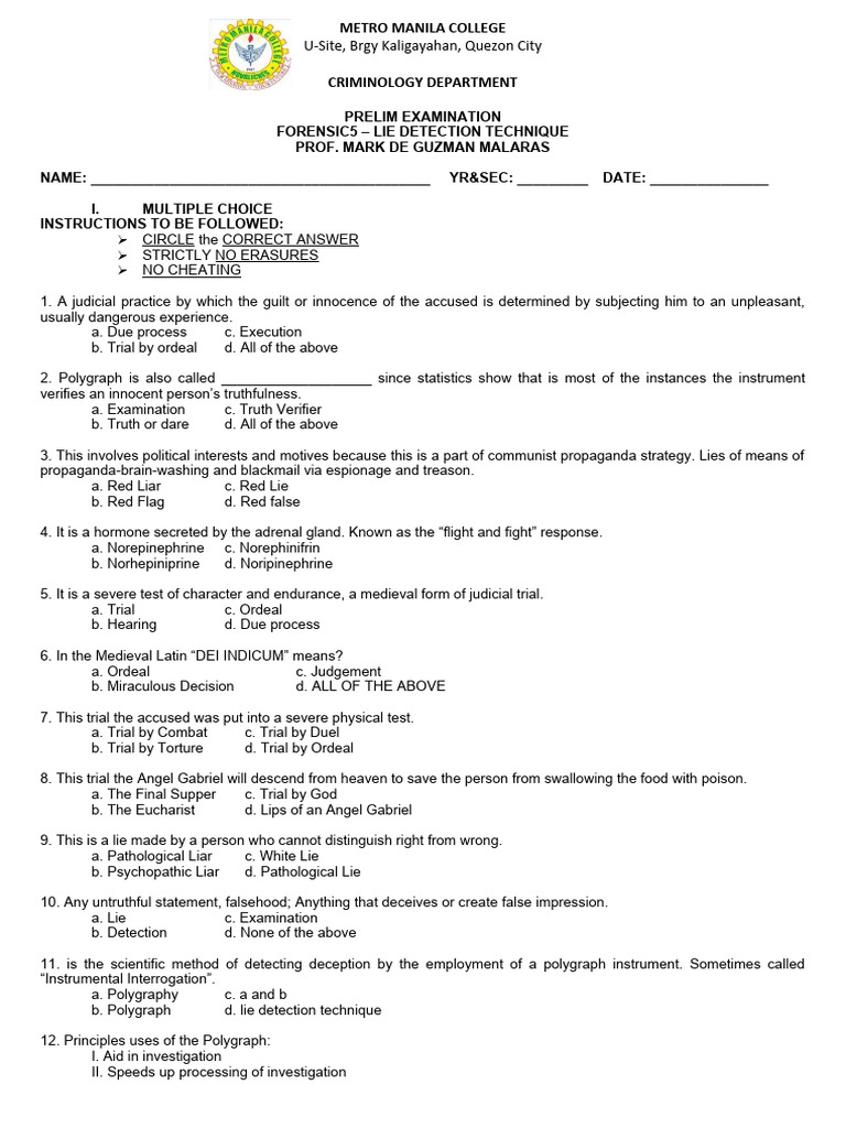 Prelim Examination Forensic5 MMC | PDF | Polygraph | Lie