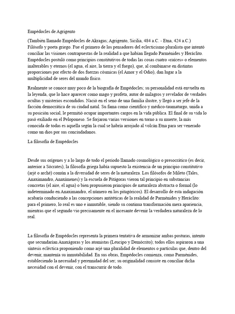 Empédocles: Filosofía de los Elementos | PDF | Filosofía griega antigua ...