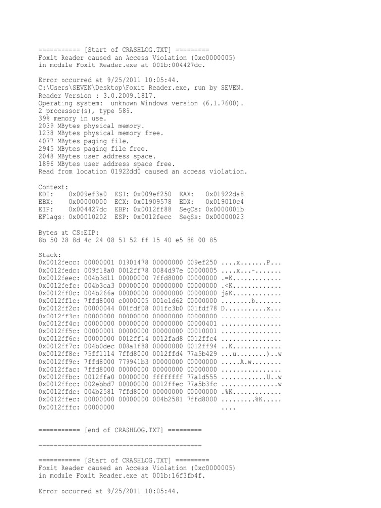 Crash Log | PDF | Operating System | Computer Data Storage