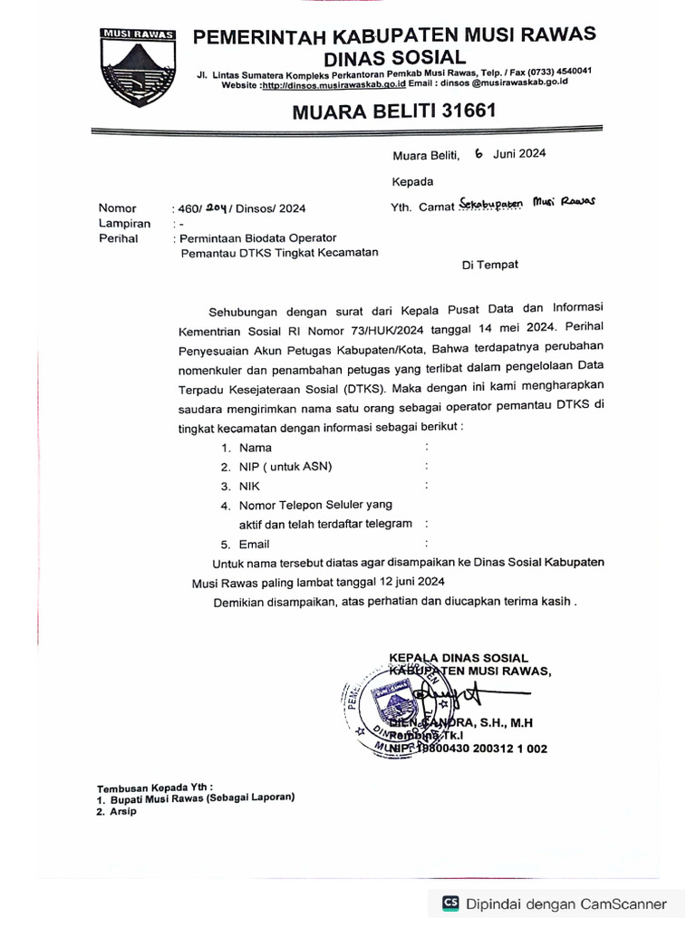 permintaan biodata operator DTKS | PDF