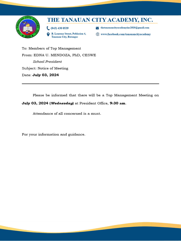Top Management Meeting Notice - July 2024 | PDF